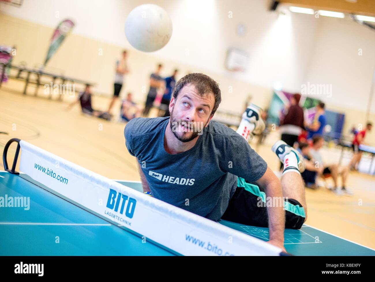 The founder of trendport Headis, René Wegner, heads a ball on a table ...