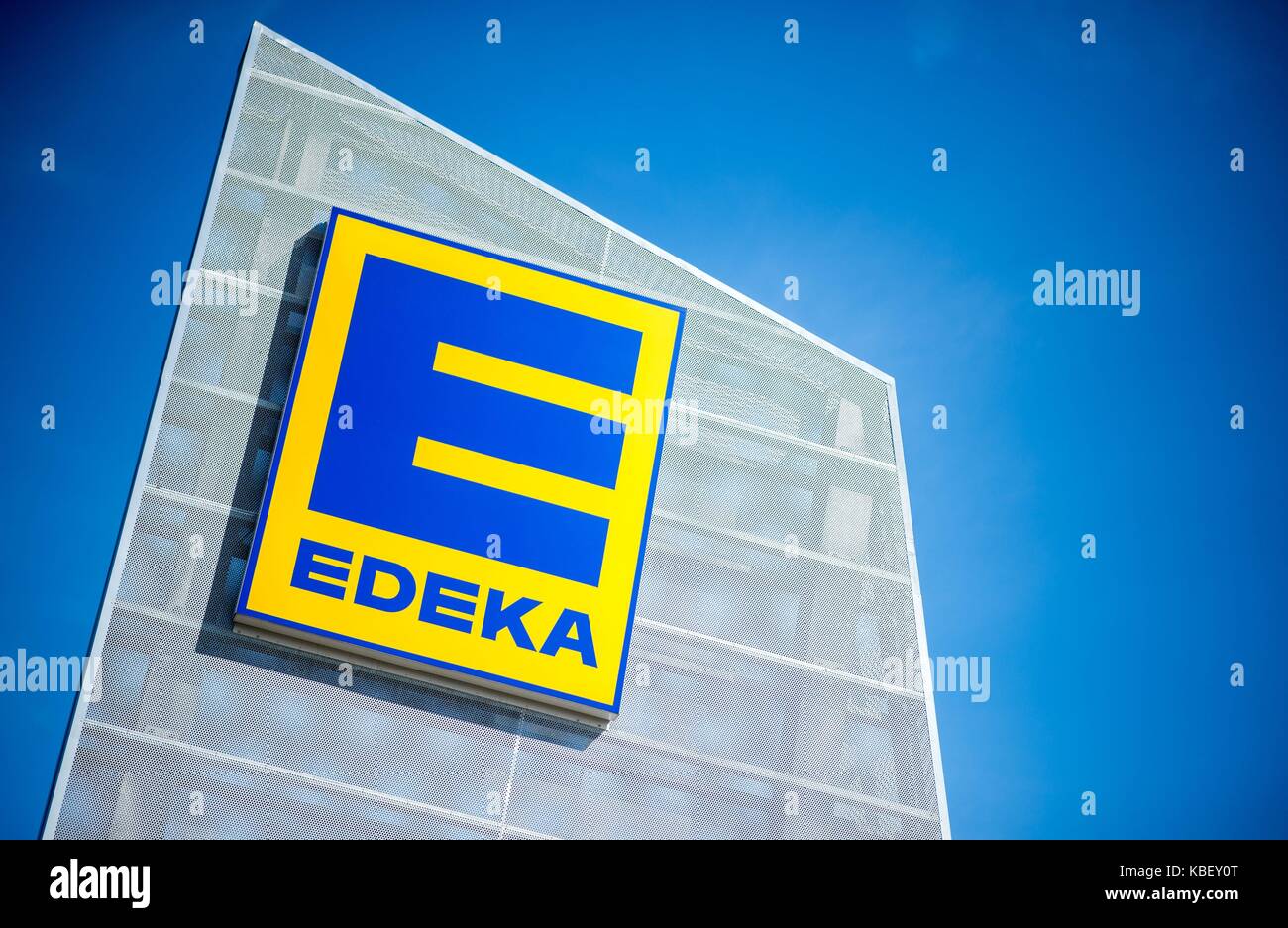 The logo of sales company EDEKA at a supermarket in Hanover (Germany ...