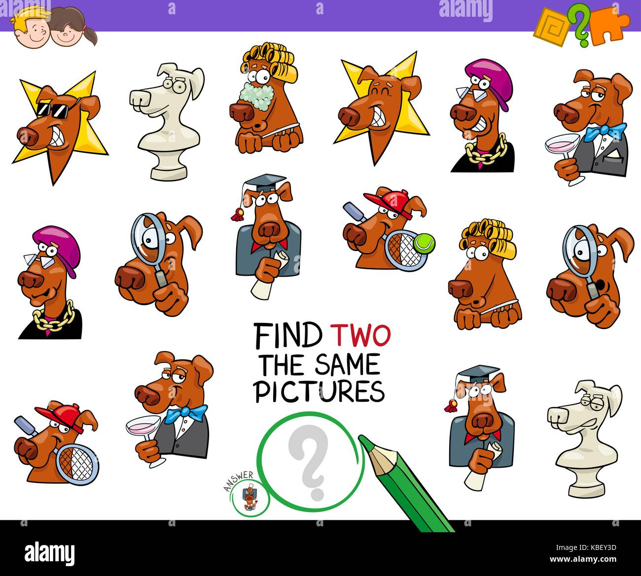 Cartoon Illustration of Finding Two Identical Pictures Educational ...