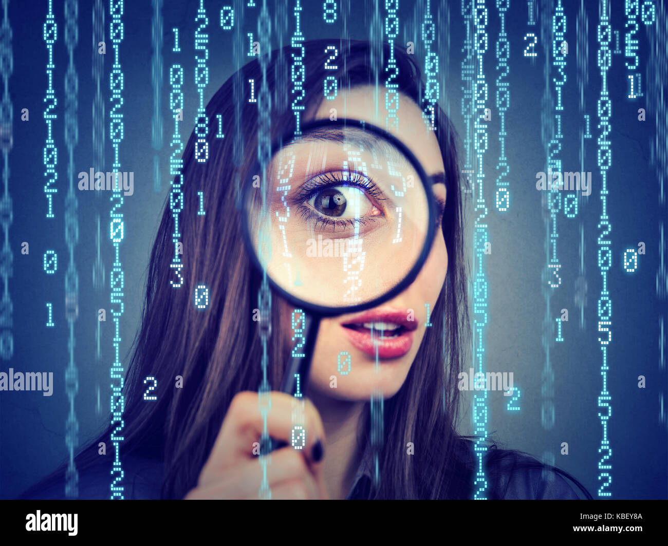 Investigation surveillance of cyber crime concept. Curious woman ...