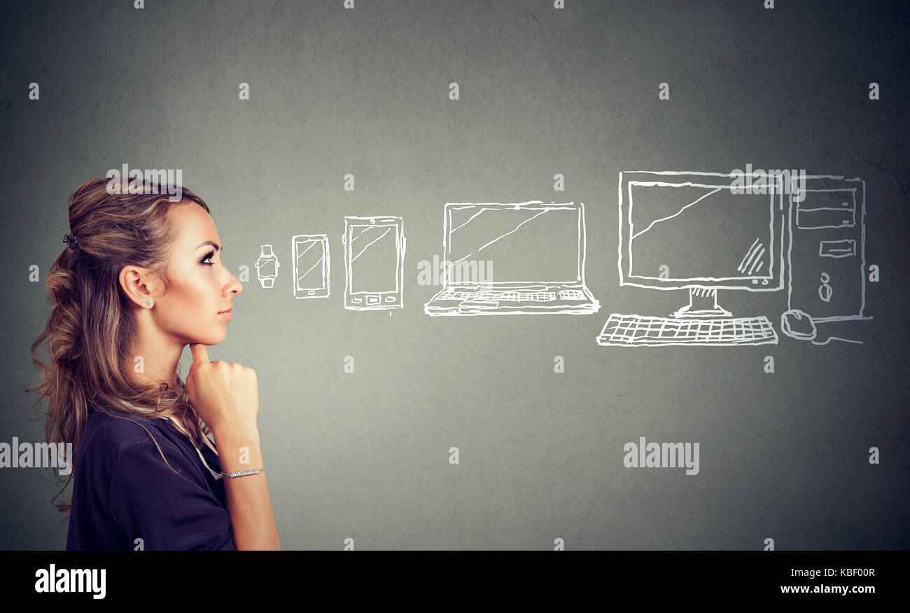 Young woman choosing a communication gadget Stock Photo - Alamy