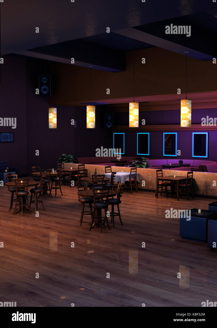 3D rendering of a luxury night lounge bar in a purple light Stock Photo ...