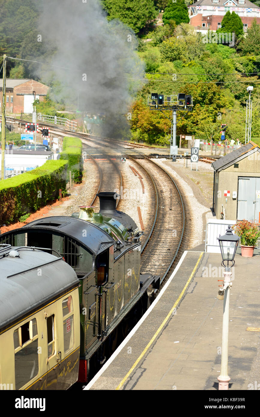 Steam train leaving Kingswear on the Dartmouth Steam Railway, hauled by ...