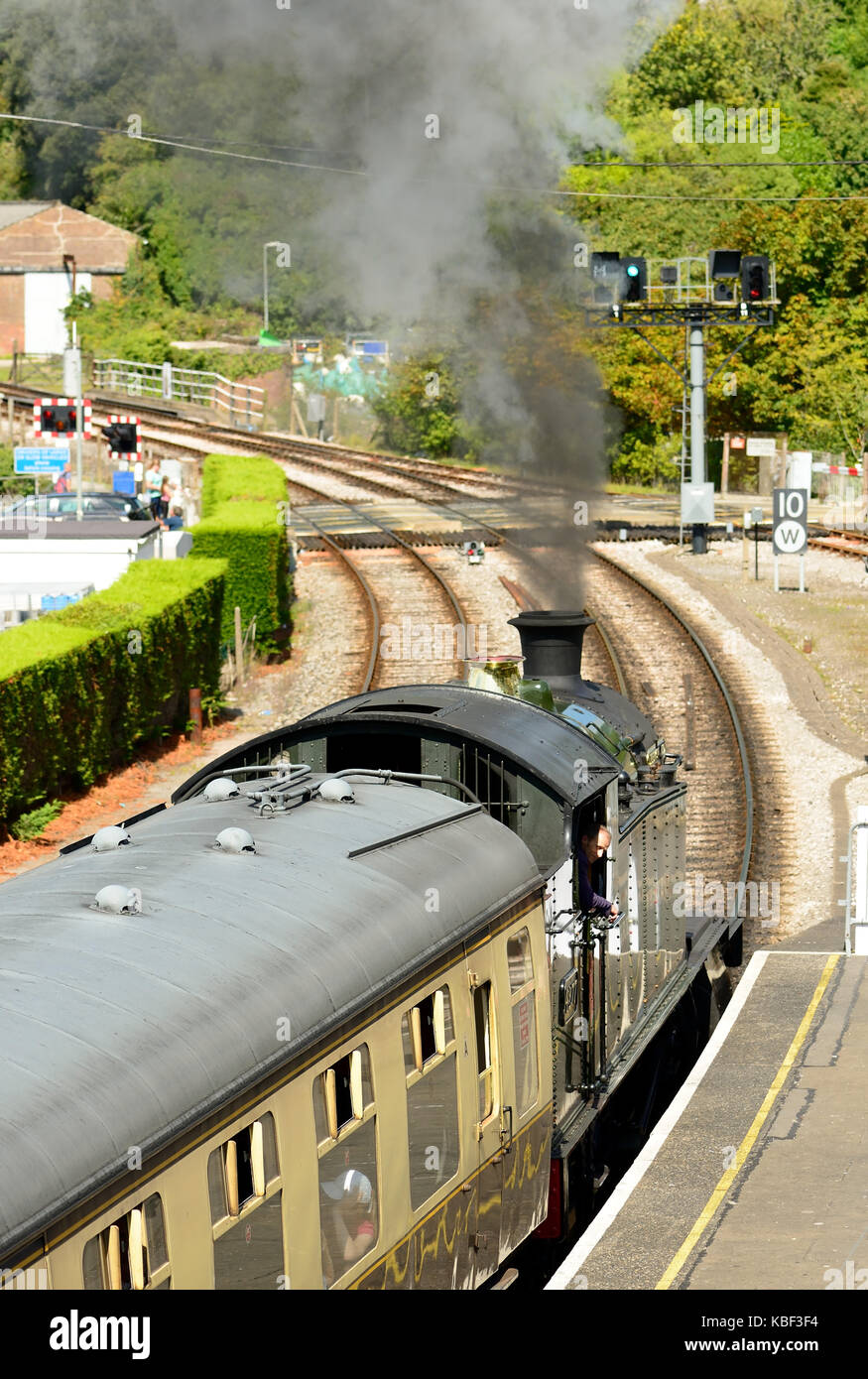 Steam train leaving Kingswear on the Dartmouth Steam Railway, hauled by ...