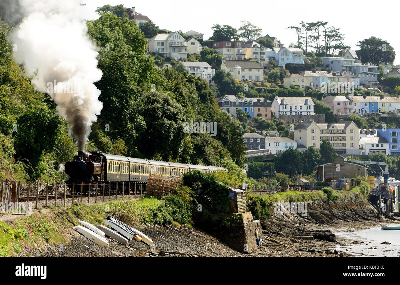 Steam train leaving Kingswear on the Dartmouth Steam Railway, hauled by ...