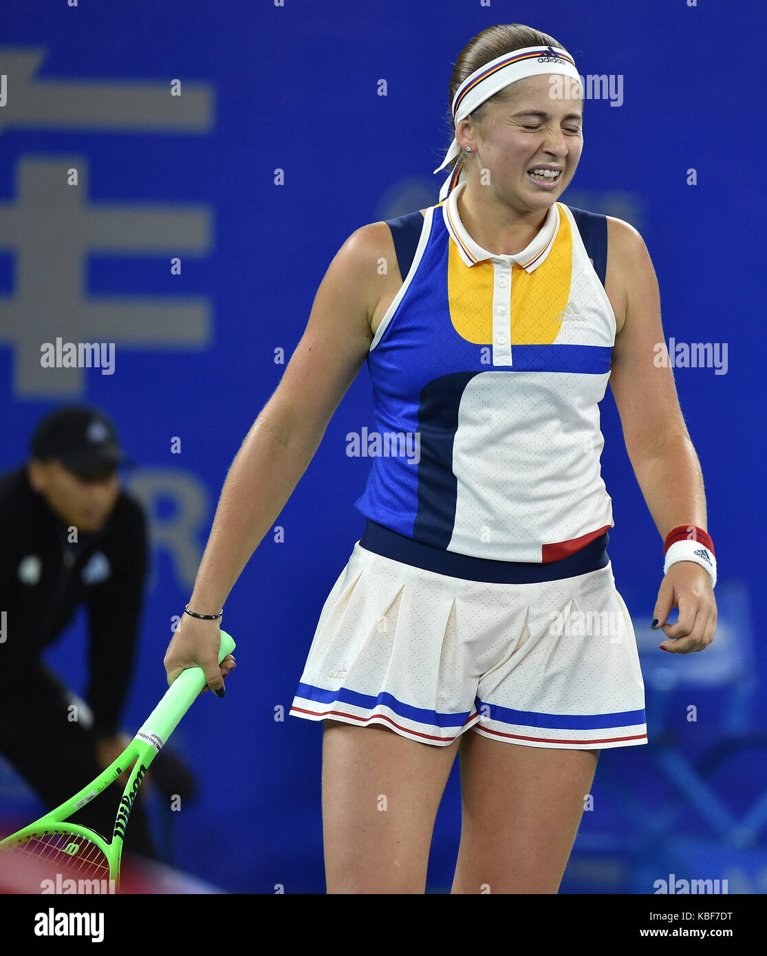 Wuhan, China. 29th Sep, 2017. Jelena Ostapenko of Latvia reacts during ...