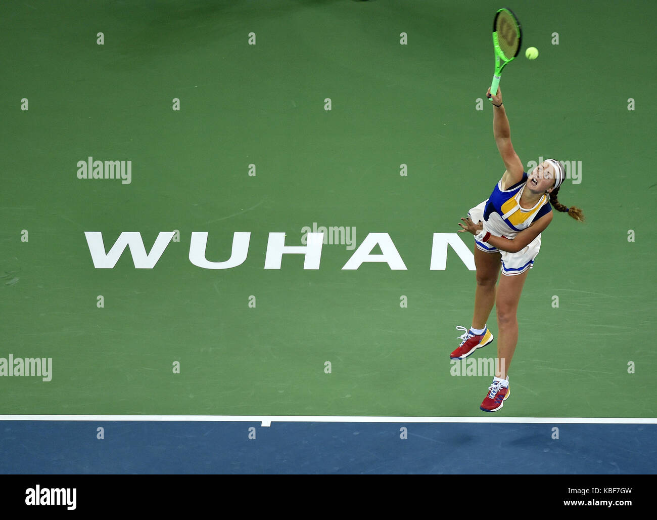 Wuhan, China. 29th Sep, 2017. Jelena Ostapenko of Latvia serves during ...