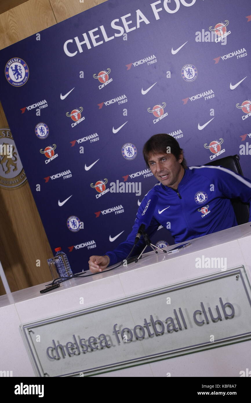 Cobham, UK. 29th Sep, 2017. Chelsea Football Club Manager, Antonio ...
