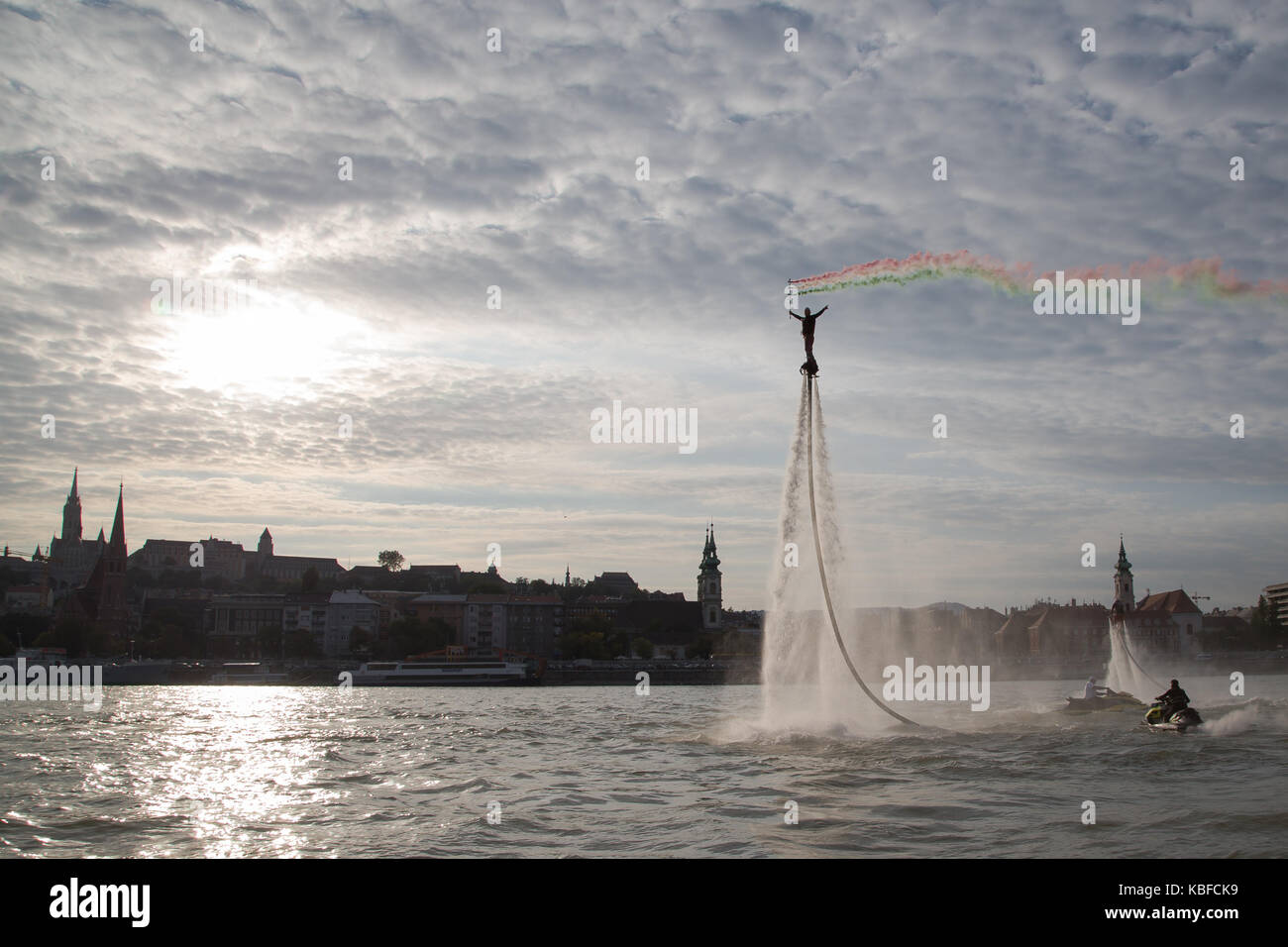 Budapest, Hungary. 29th Sep, 2017. Flyboard riders perform with water ...