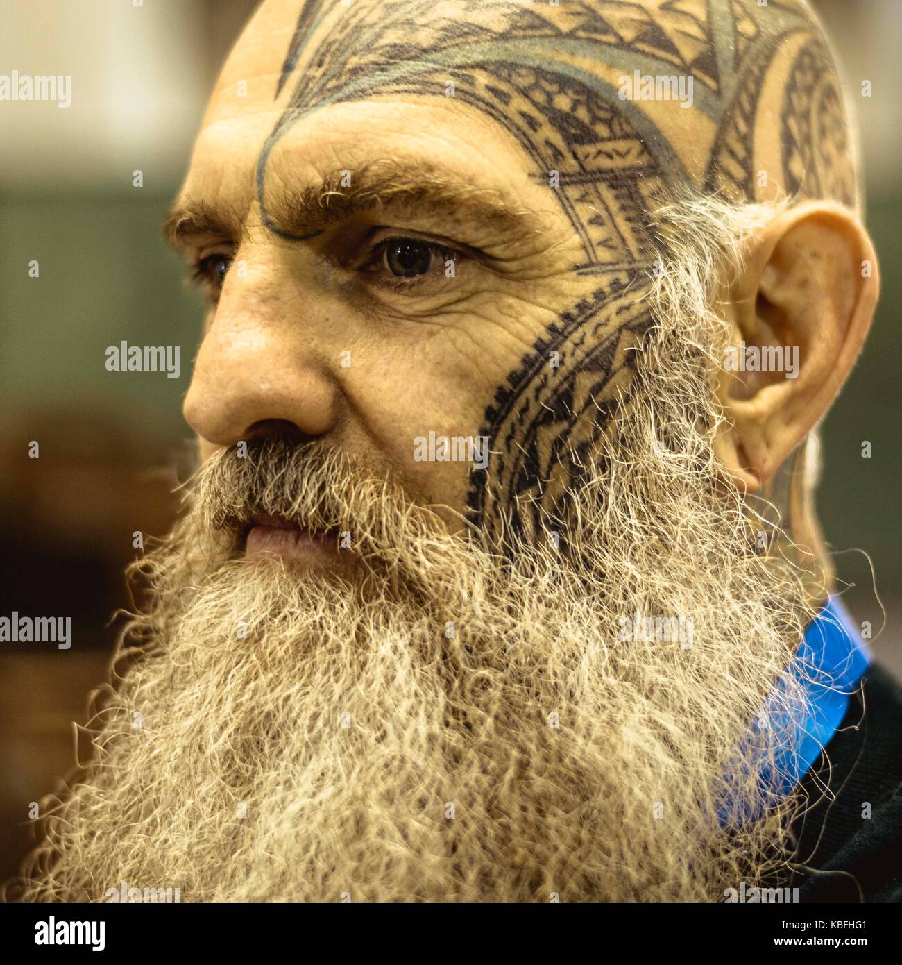 Barcelona, Spain. 30 September, 2017: A tattoo enthusiast shows his ...