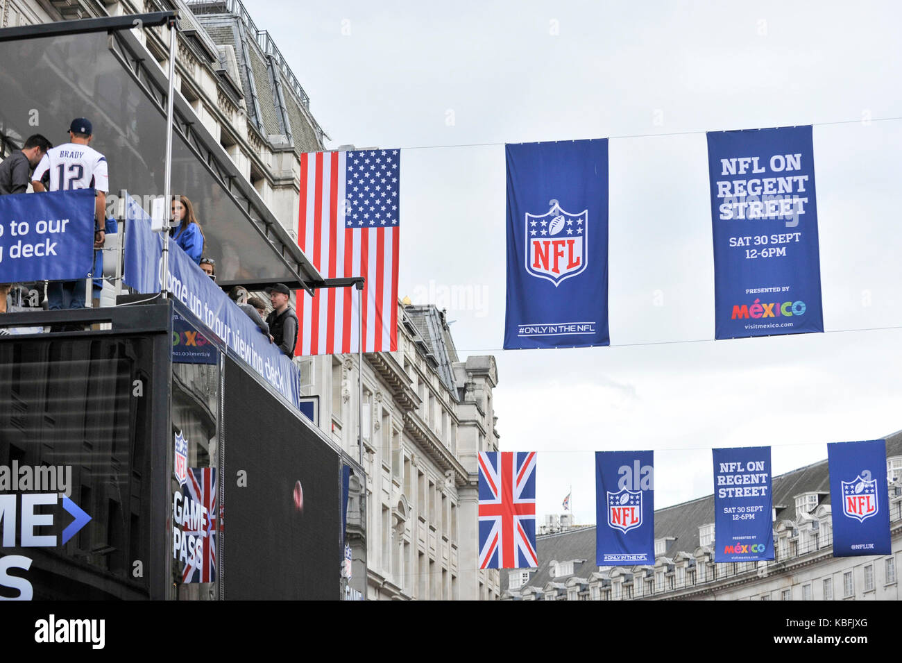 London, UK. 30 September 2017. Flags fly overhead as American football ...