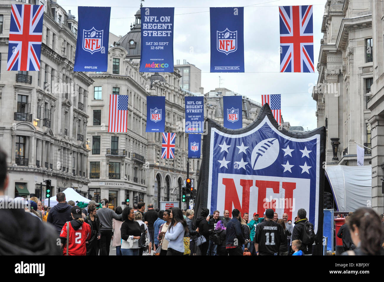 London, UK. 30 September 2017. Flags fly overhead as American football ...