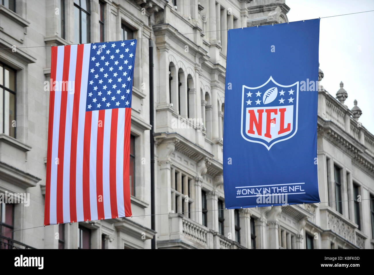 London, UK. 30 September 2017. Flags fly overhead as American football ...
