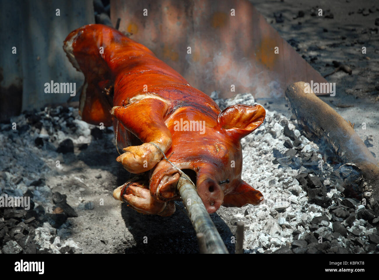 Cooking a pig on a spit on an open fire, Angeles, Philippines Stock ...