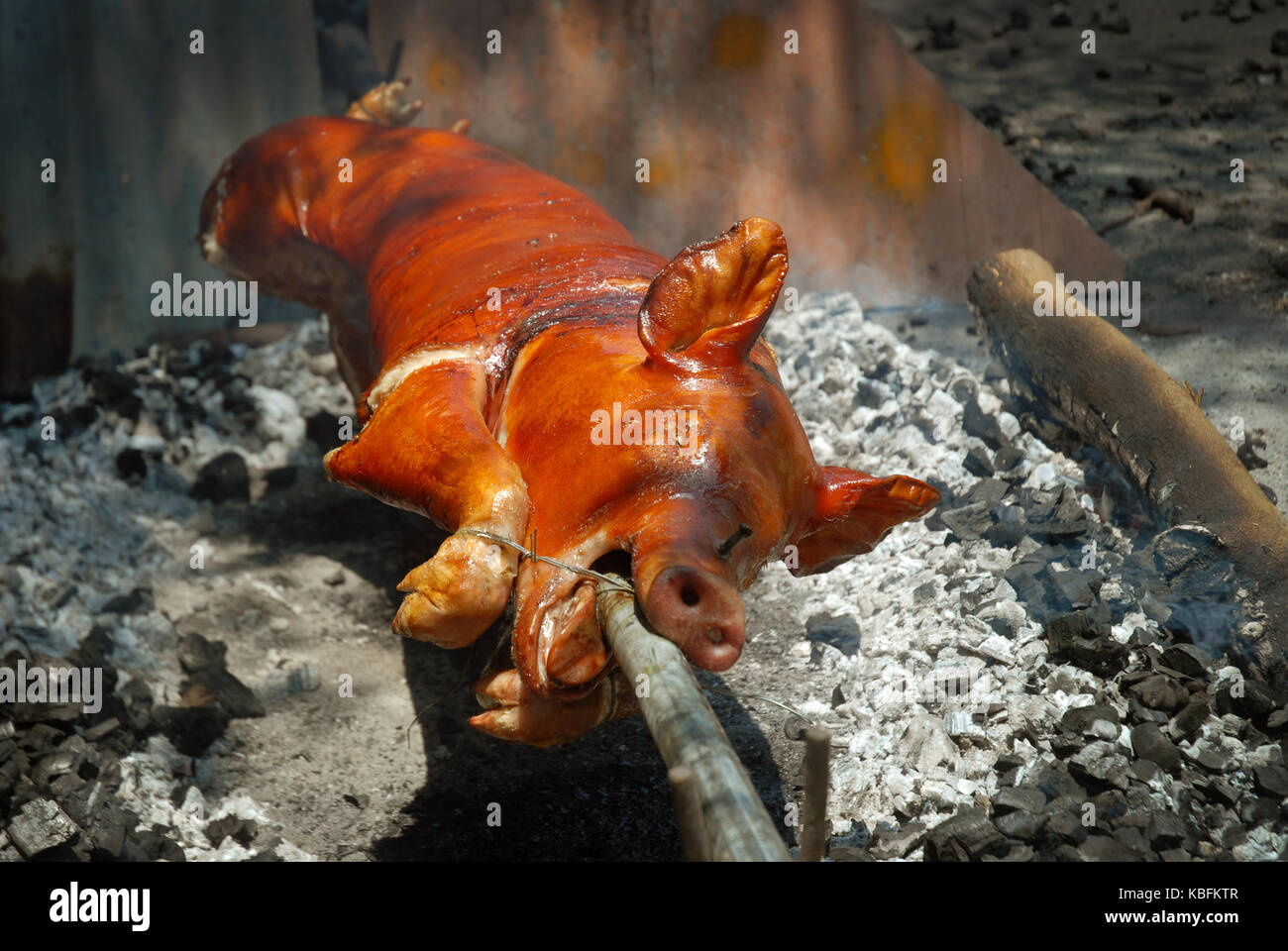 Cooking a pig on a spit on an open fire, Angeles, Philippines Stock ...