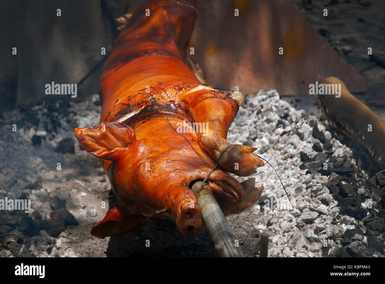 Cooking a pig on a spit on an open fire, Angeles, Philippines Stock ...