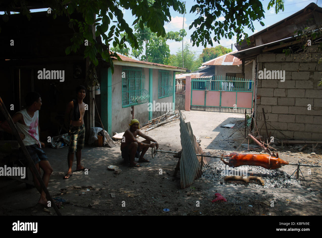 Cooking a pig on a spit on an open fire, Angeles, Philippines Stock ...