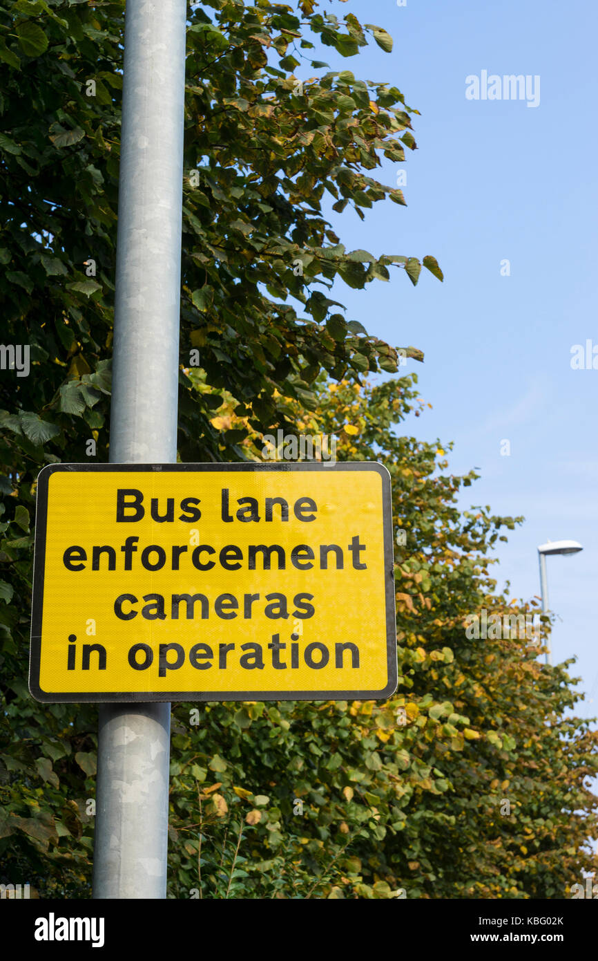 Warning notice of bus lane enforcement cameras in operation Stock Photo ...