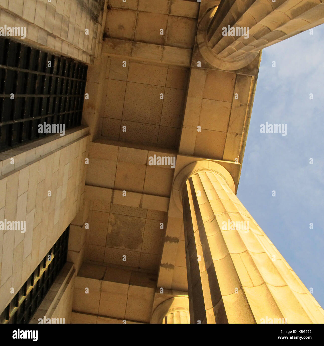 Architecture concept. Classical frontis from above: low angle view of a ...
