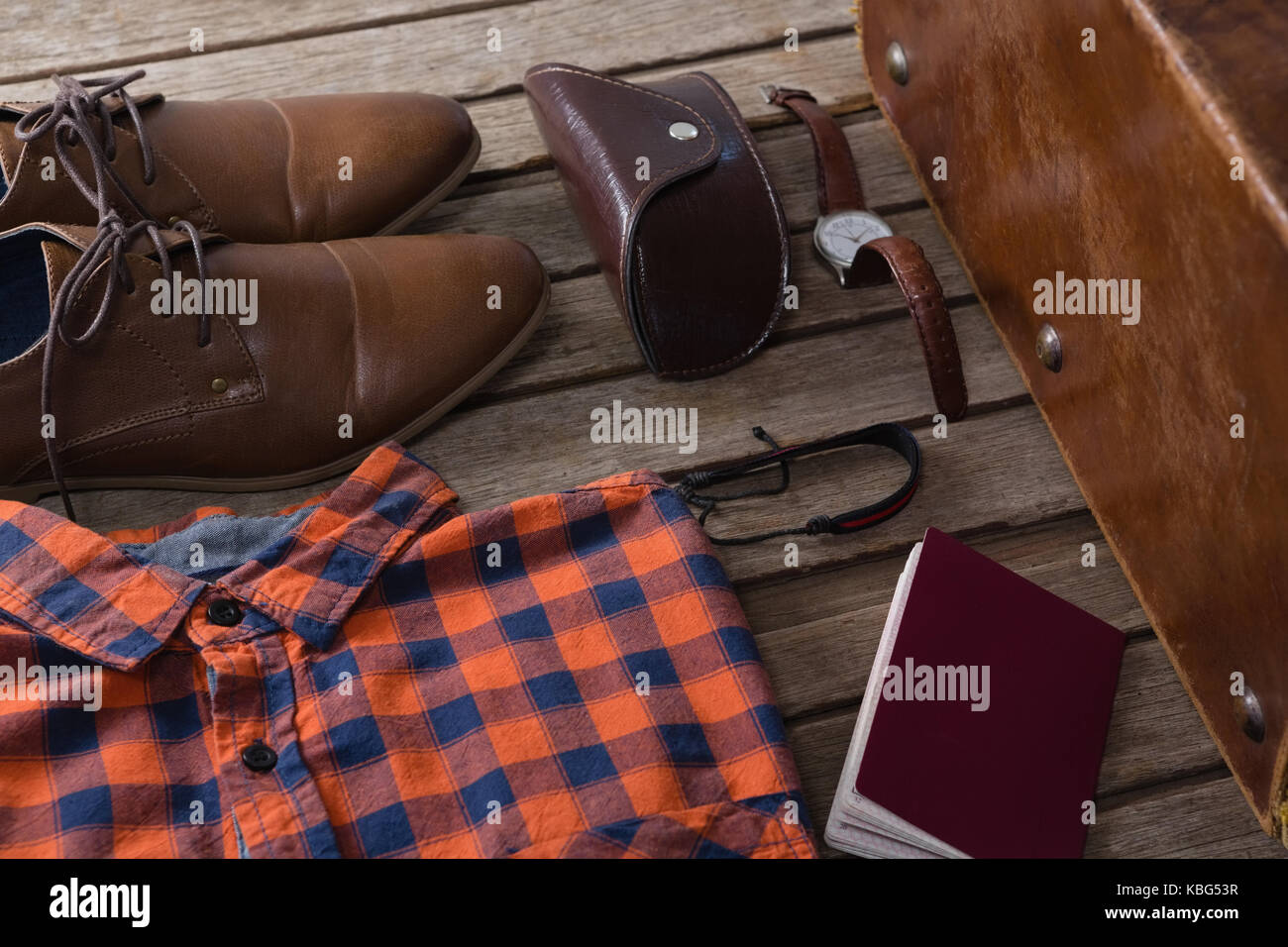 Close-up of various accessories on wooden table Stock Photo - Alamy