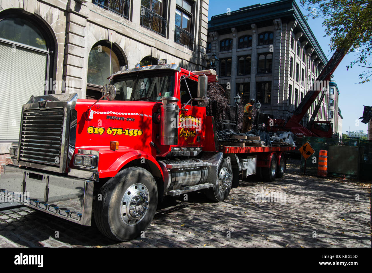 red lorry and crane in Montreal Canada Stock Photo - Alamy