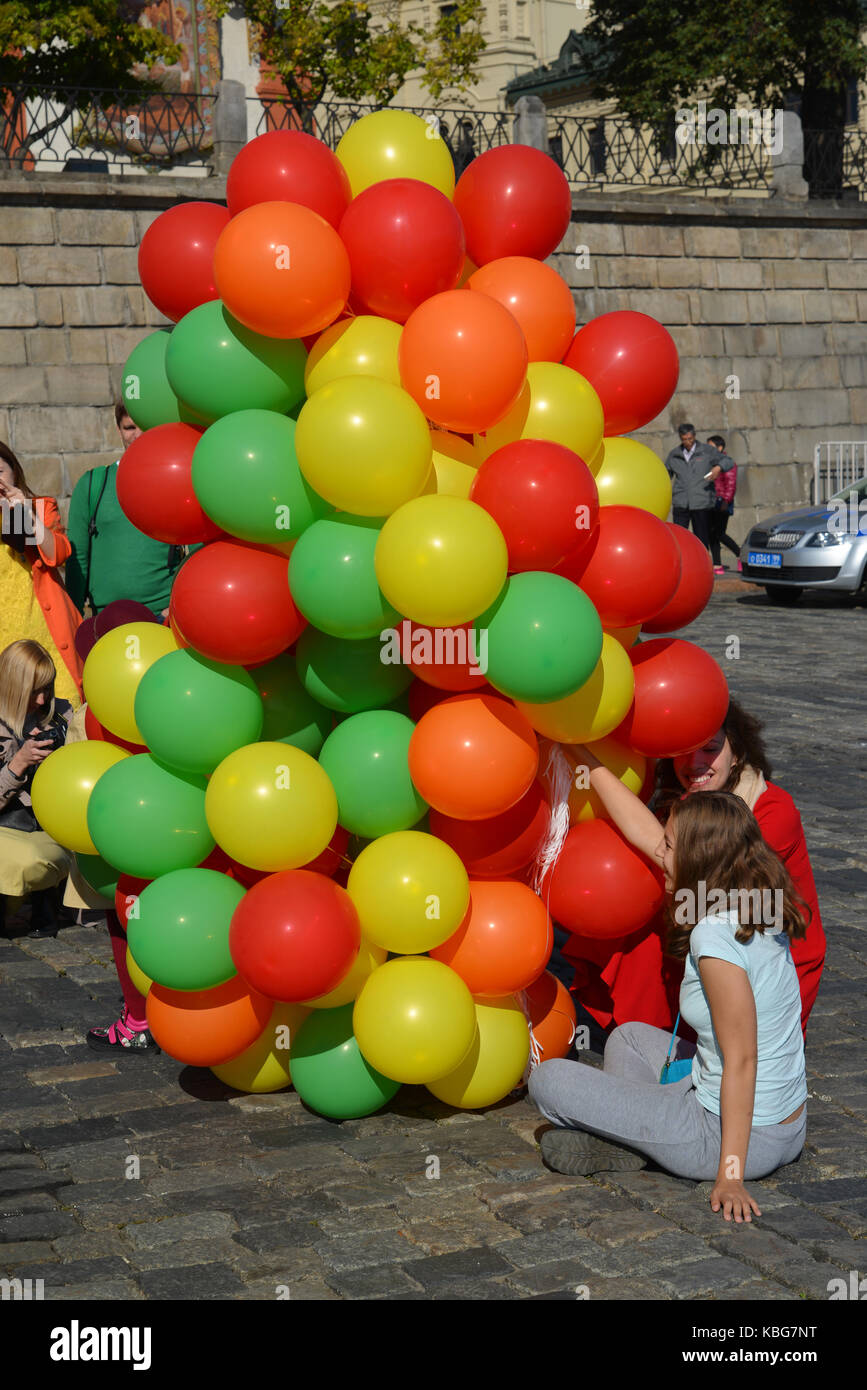 Moscow, Russia - September 23. 2017. Young girls with balloons on ...