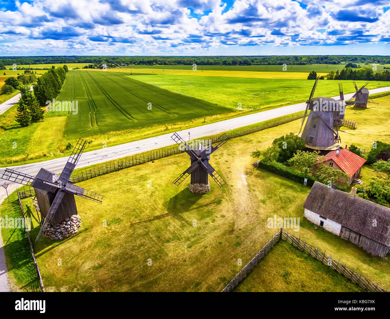Saarema Island, Estonia: aerial top view of summer fields and Angla ...