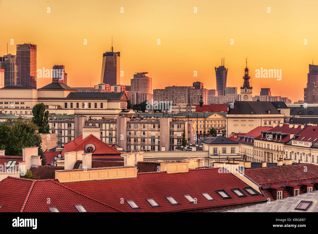 Warsaw, Poland: aerial view of downtown in the sunset Stock Photo - Alamy