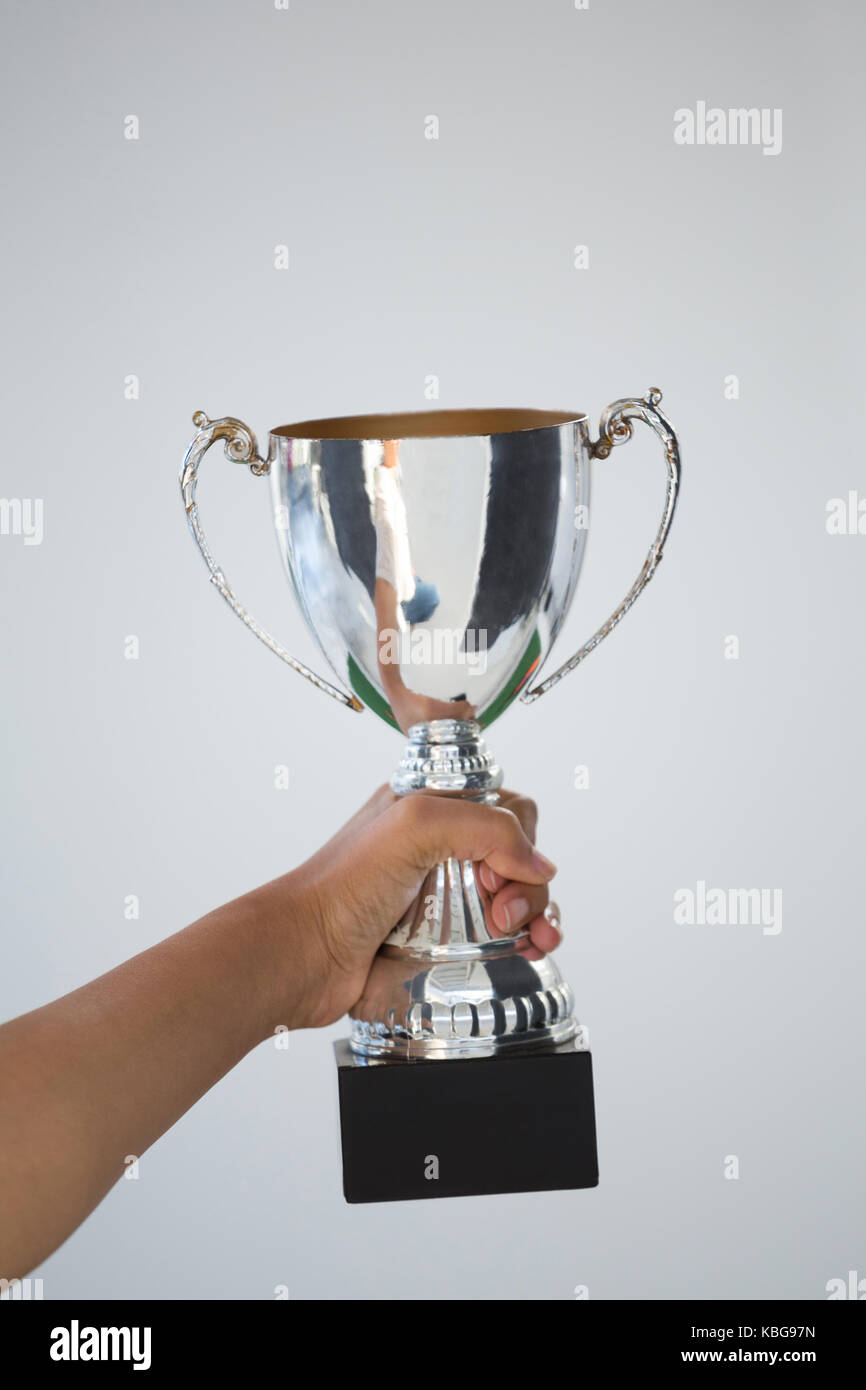 Close-up of hand holding a trophy against white background Stock Photo ...