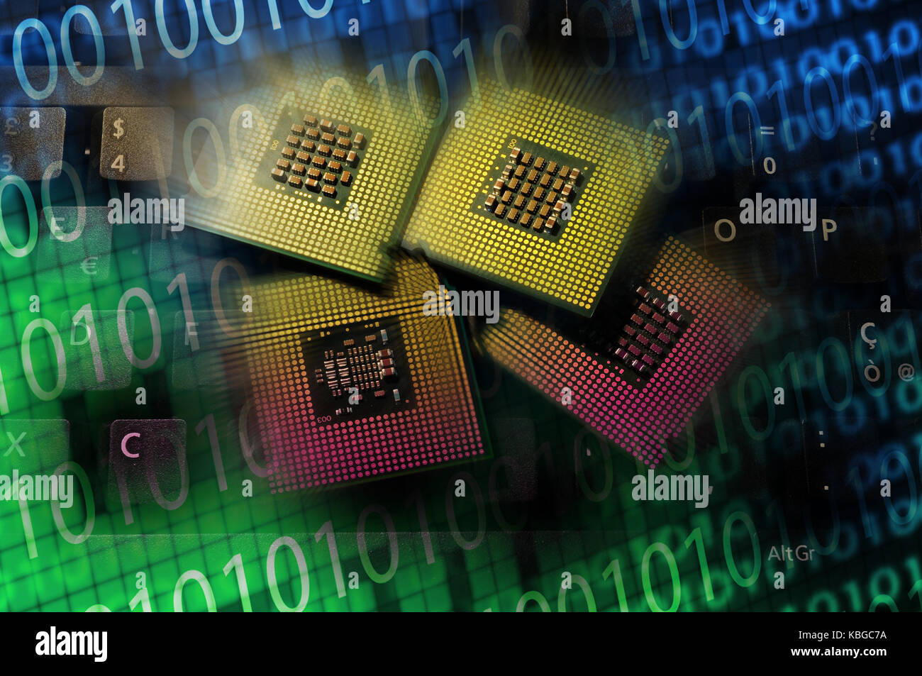 CPU Computer Processors with blue light binary postproduction effects ...