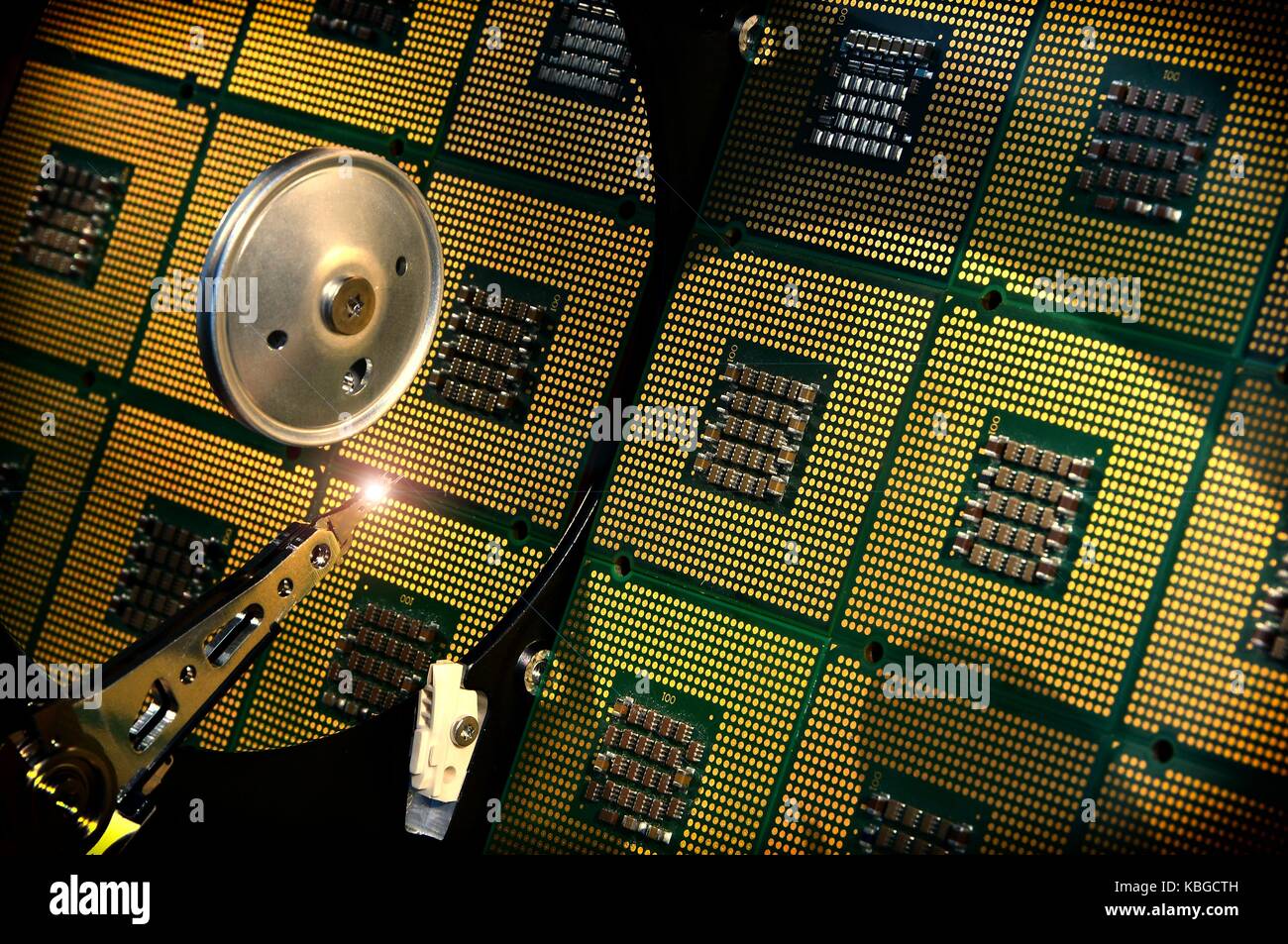 Hard disk drive opened with reflection of processors on the surface of ...