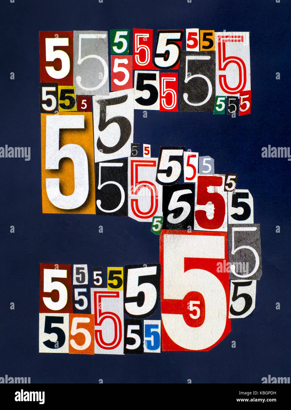 Number Five made from numbers cutting from magazines on dark blue ...