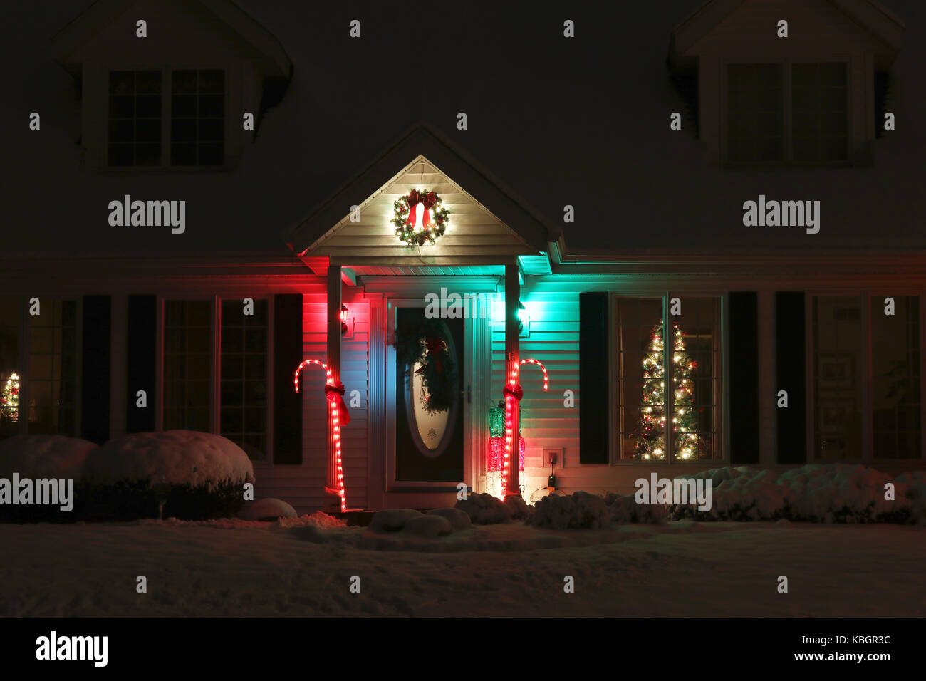 Seasonal house outdoors decoration. Background with house main entrance ...