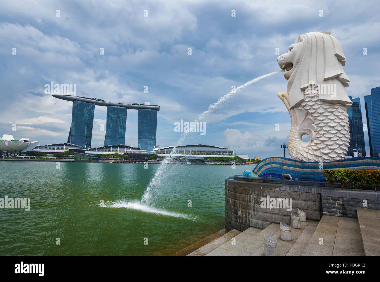 Merlion park in Singapore city with marina bay background Stock Photo ...