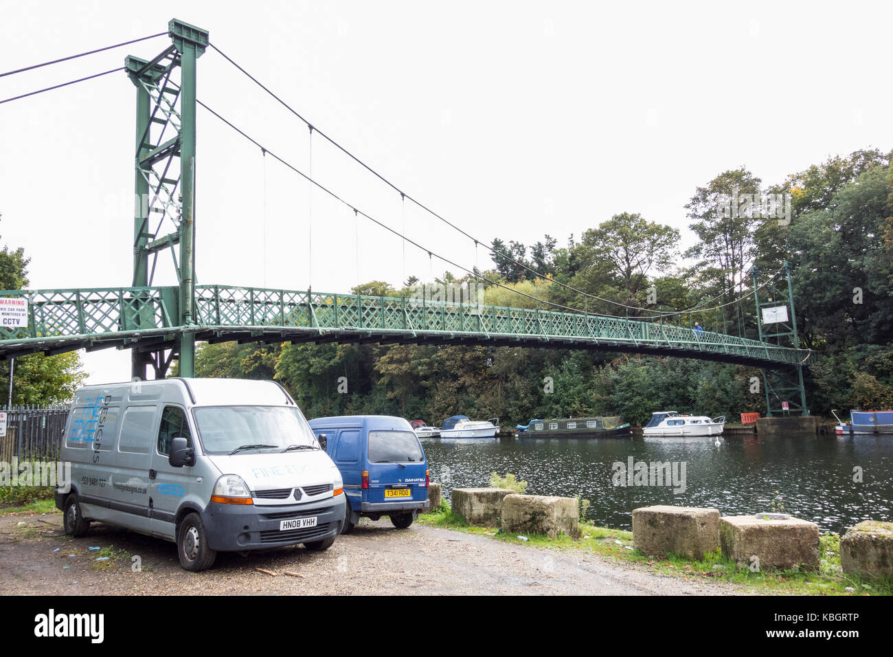 The suspension bridge to Port Hampton's Platts Eyot in Hampton, London ...