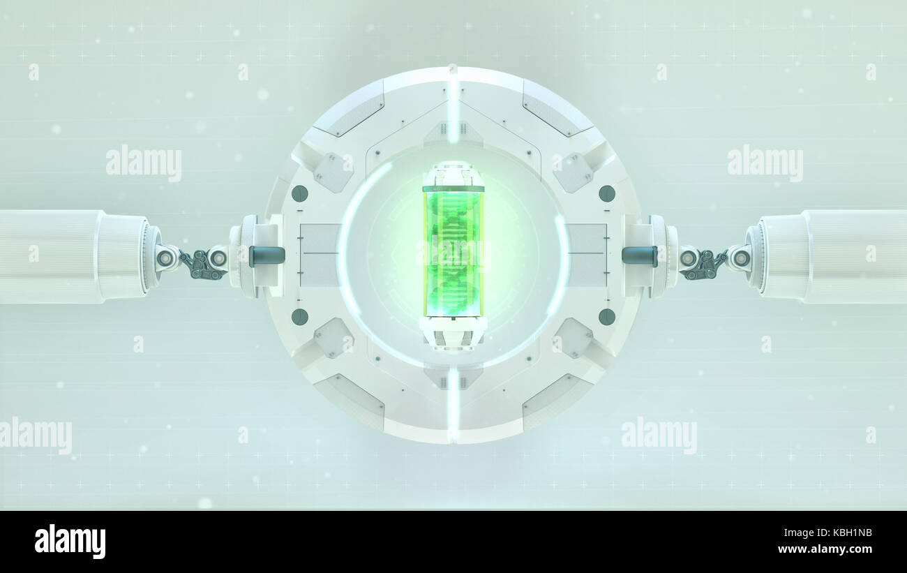 Futuristic stage with round frame green capsule with dna in it. Future background. biotechnology ...