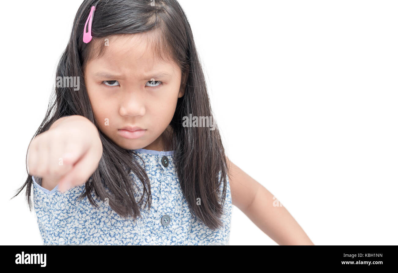 Closeup portrait angry, mad child pointing finger at someone ...