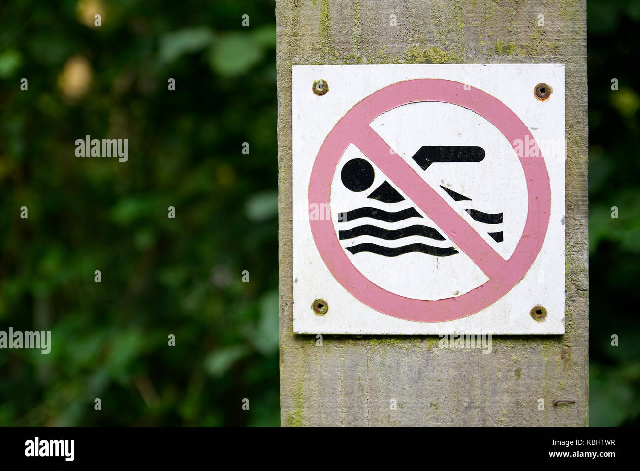 Old No swimming sign on wooden post with greenery background Stock ...