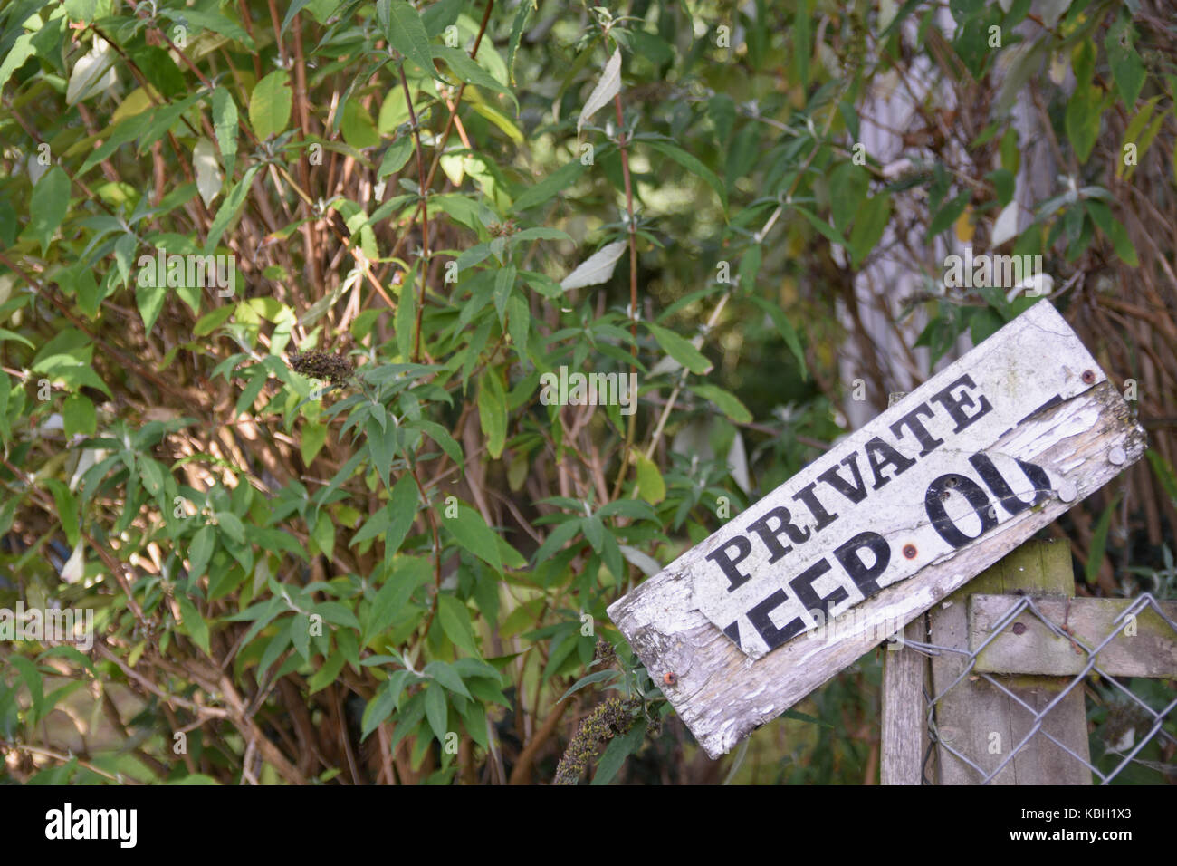 Old Private Keep out sign on wooden post with greenery background Stock ...