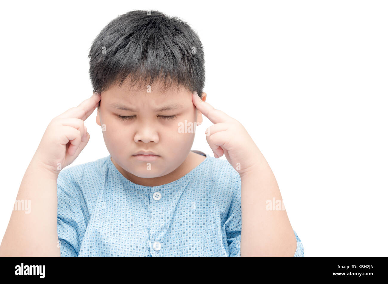 Headache, Obese fat boy suffering from headache isolated on white ...