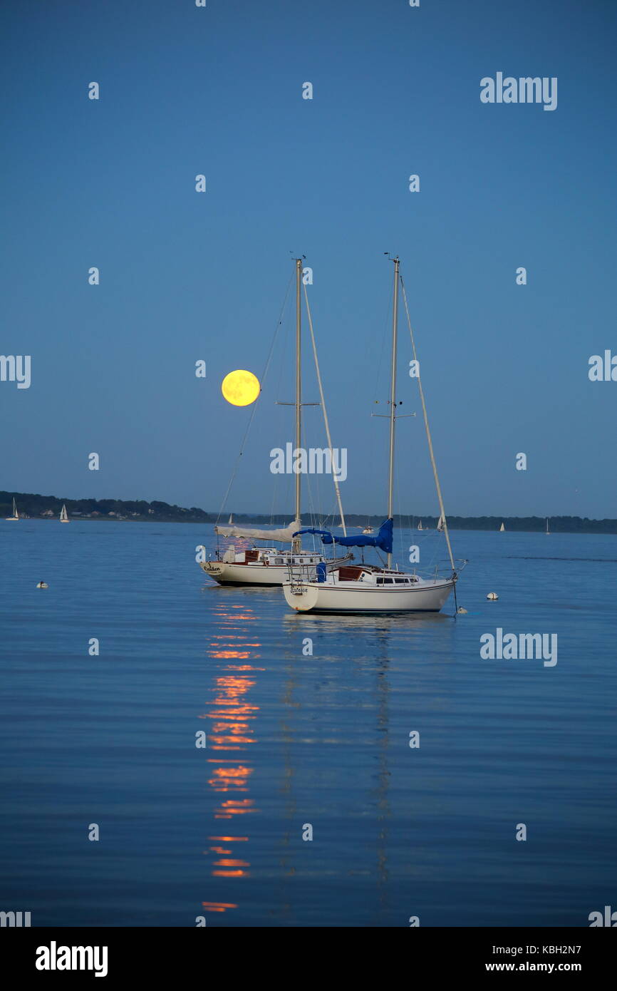 Full Harvest moon rising over Narragansett bay, in Rhode Island ...