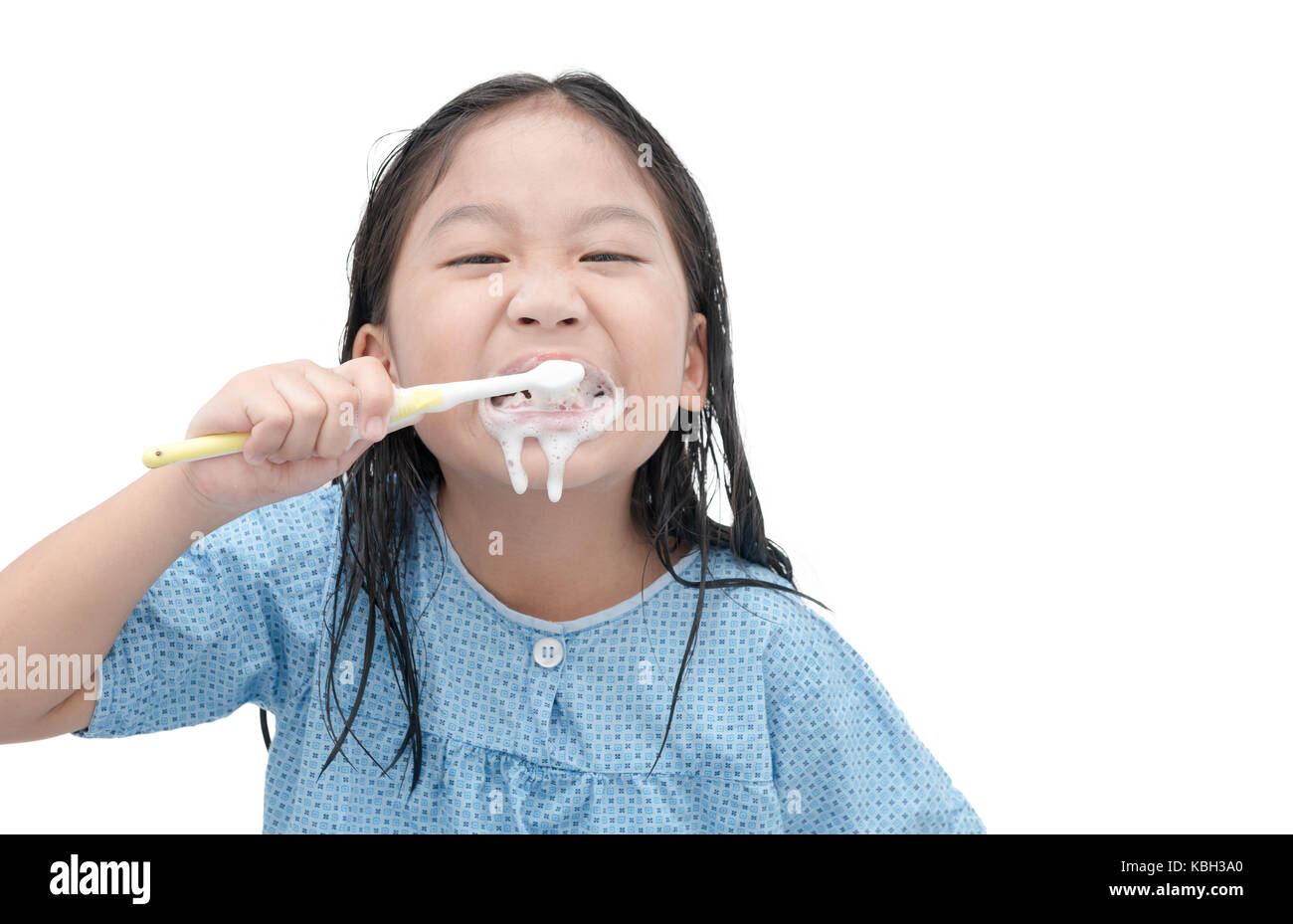 happy asian cute girl brushing teeth in morning isolated on white ...