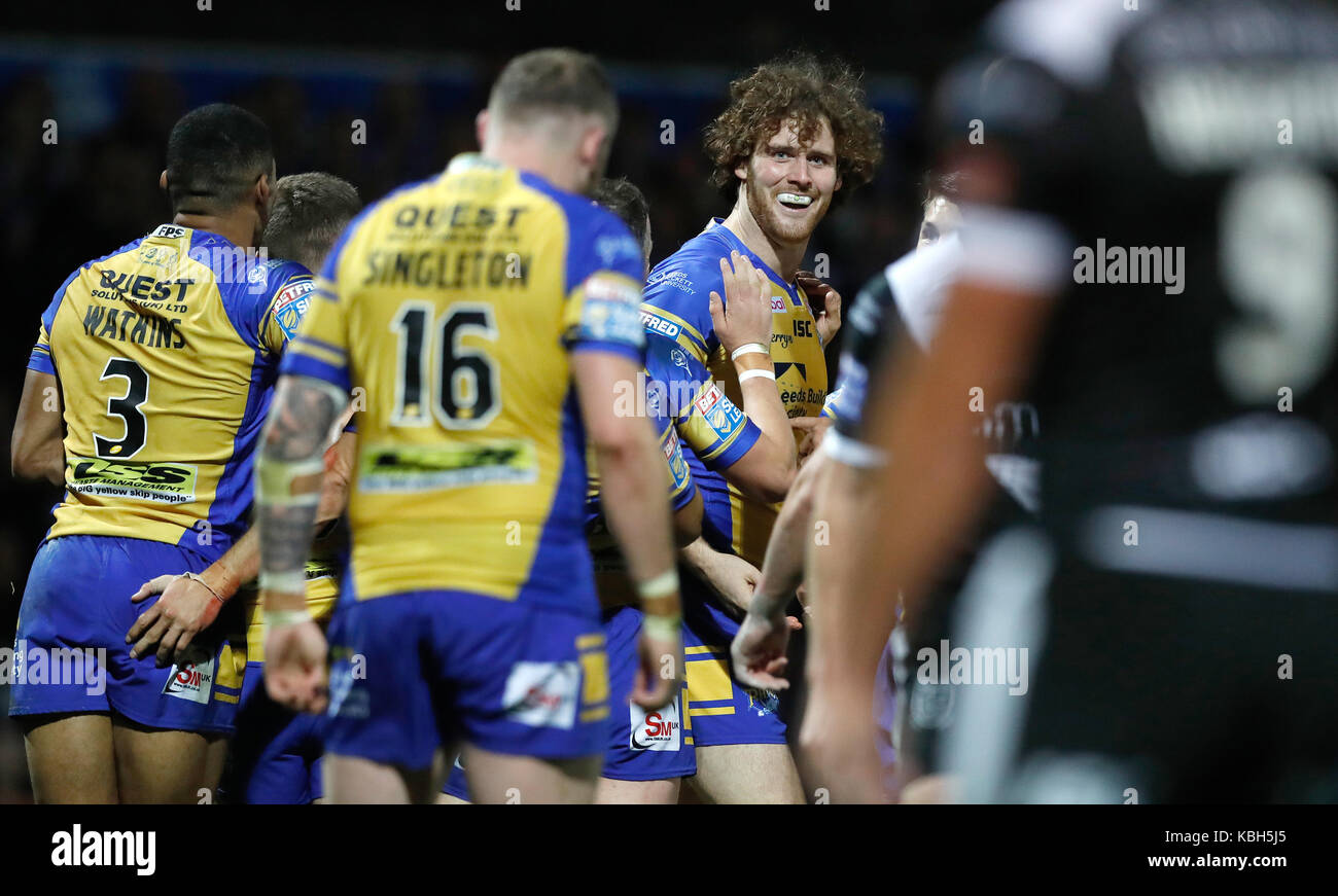 Leeds Rhinos Anthony Mullally celebrates his try against Hull FC ...