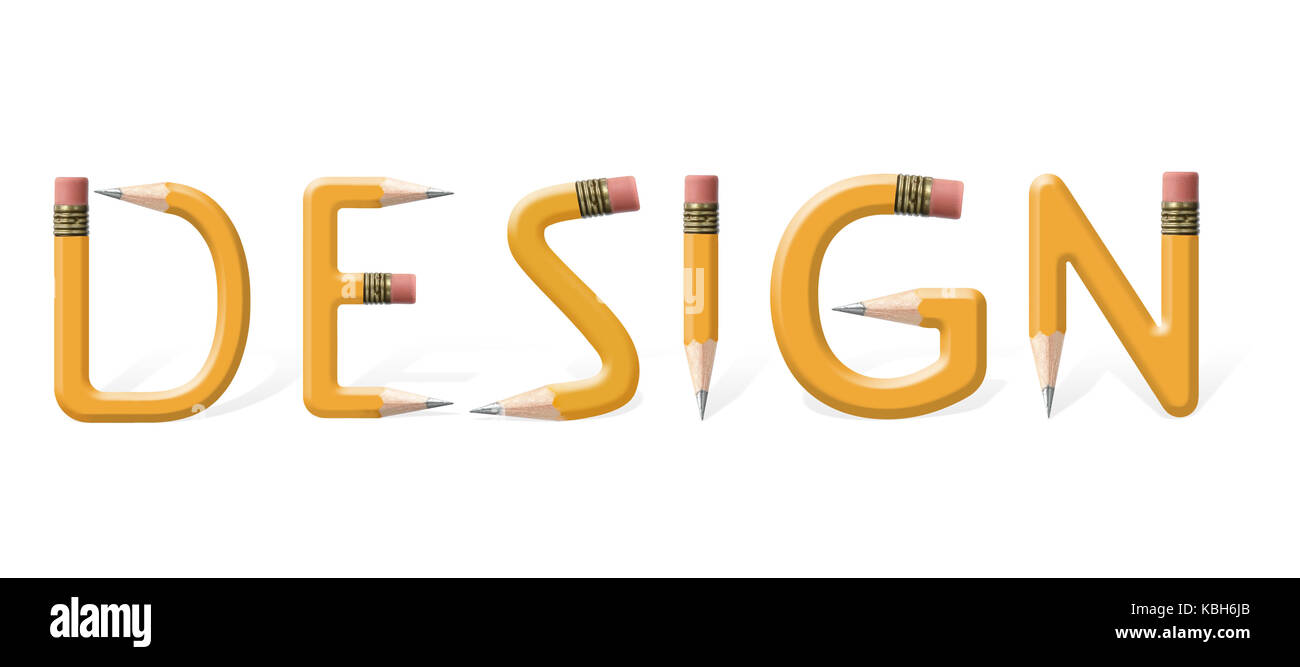 Yellow wooden pencils formed to spell Design word over white background ...