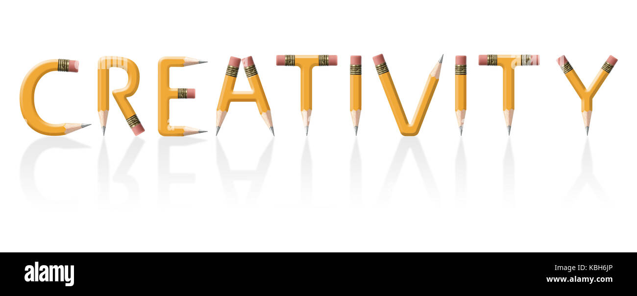 Yellow wooden pencils formed to spell Creativity word over white ...