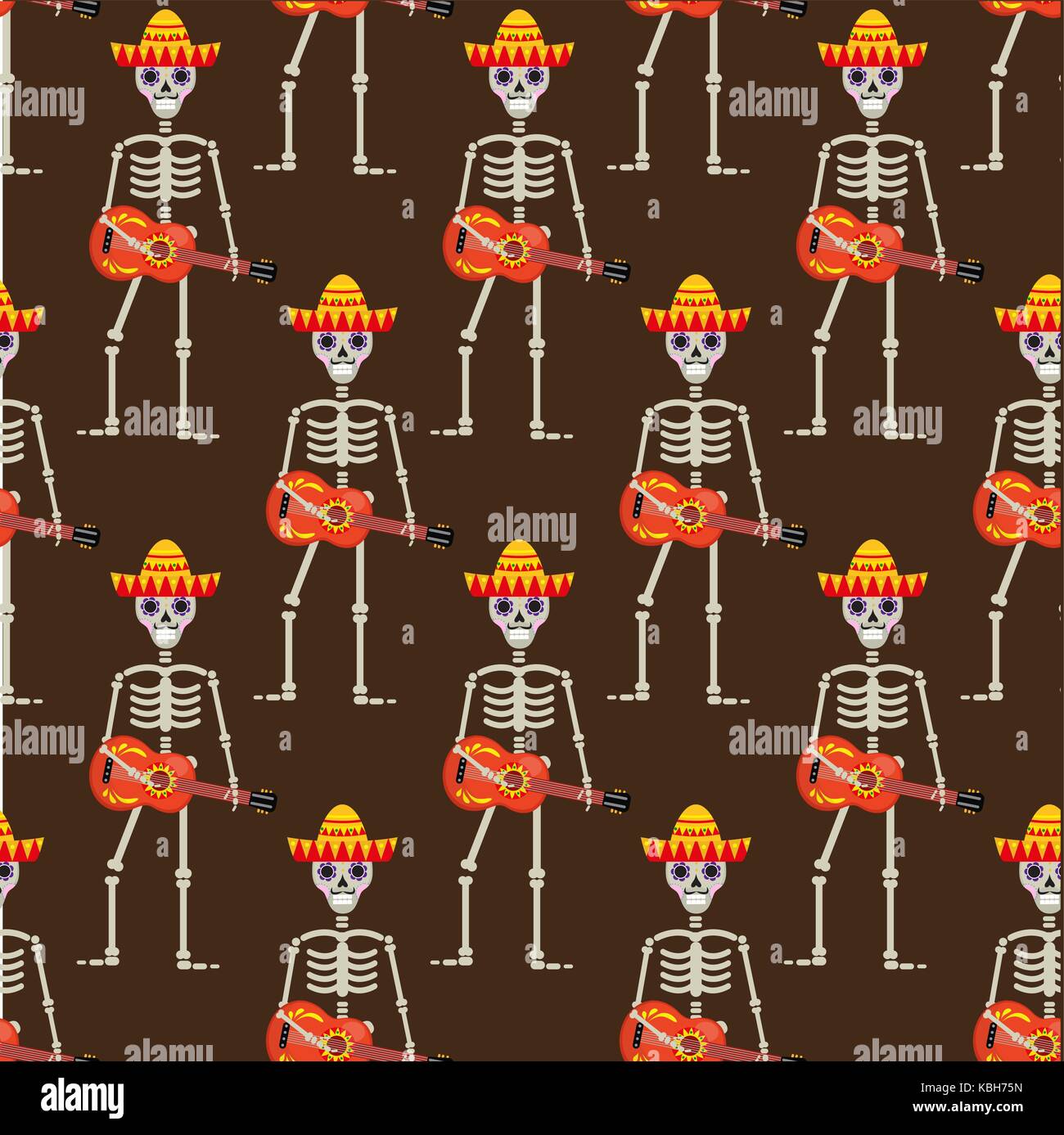 Skeleton in sambrero guitar seamless pattern. Skull Mexican repeating ...