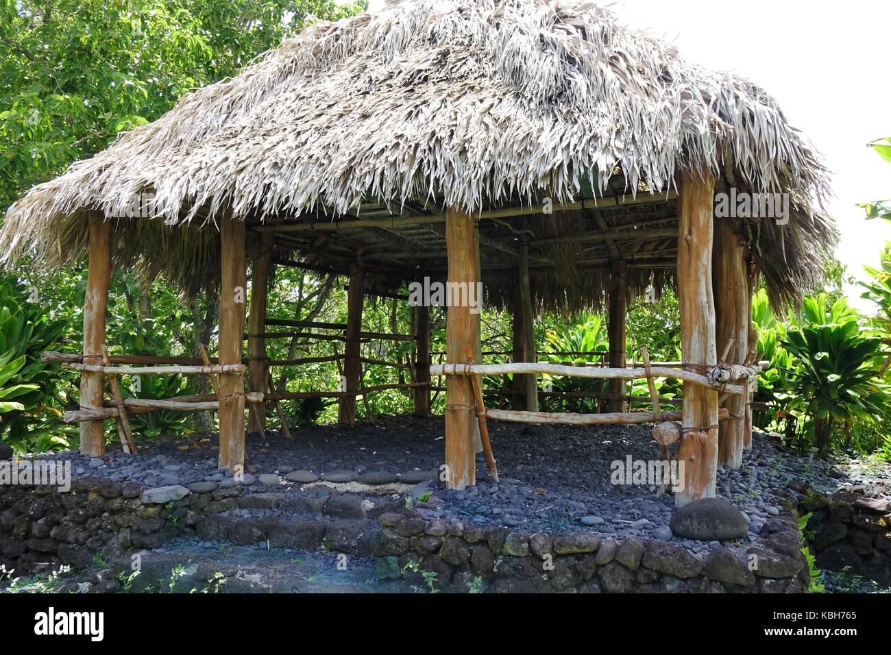 Hawaiian canoe house built on lava stones. Kahanu garden, Maui Stock ...