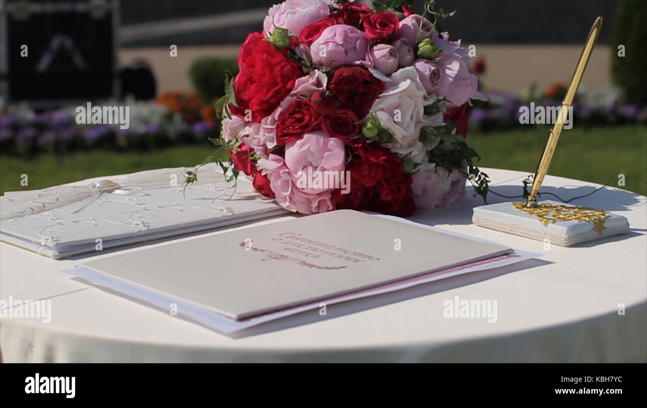 Decoration of wedding arch with registration table for newlyweds with ...