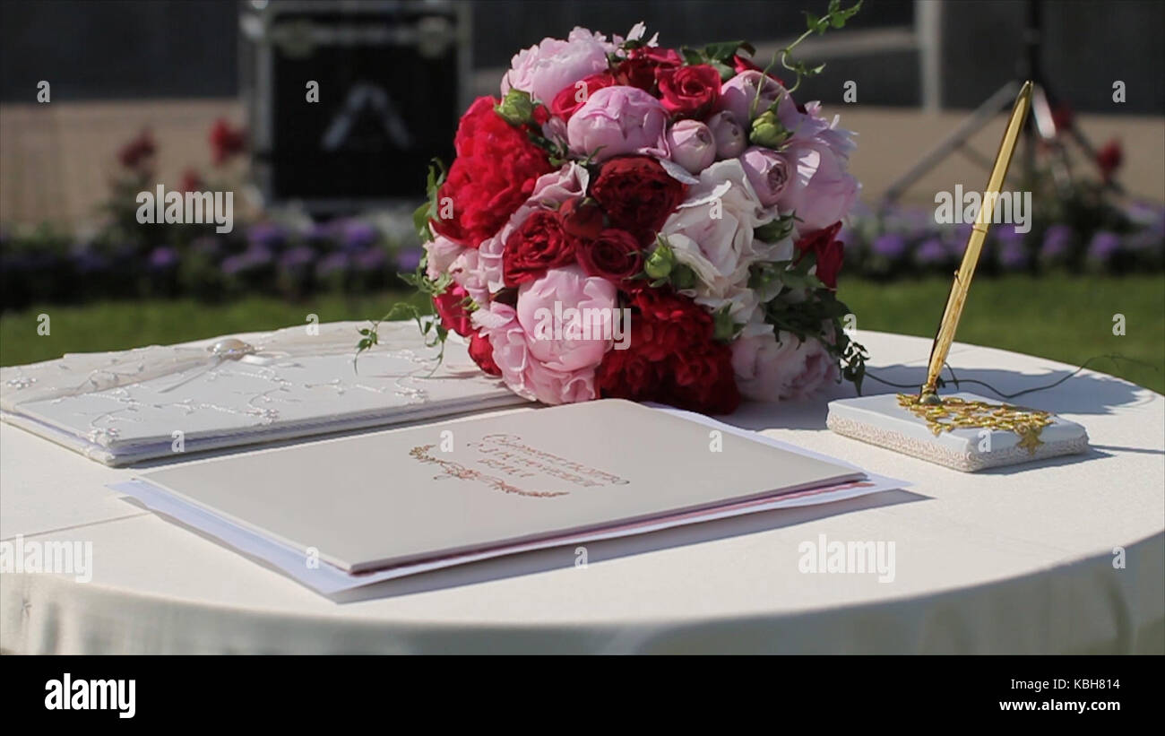 Decoration of wedding arch with registration table for newlyweds with ...