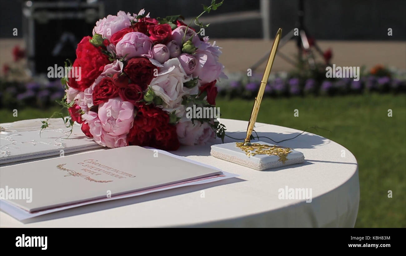 Decoration of wedding arch with registration table for newlyweds with ...